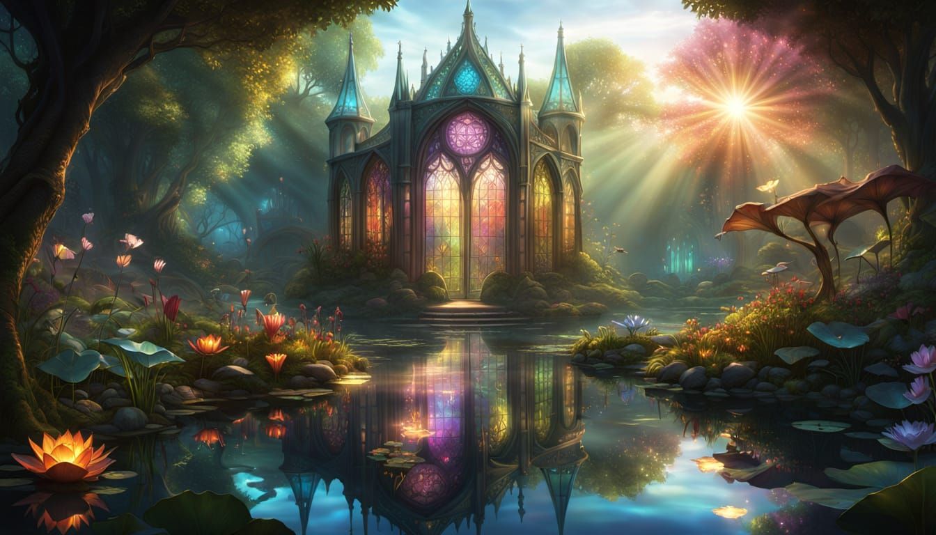enchanted pond - Ethereal Pond Scene in Vibrant Stained Glas...