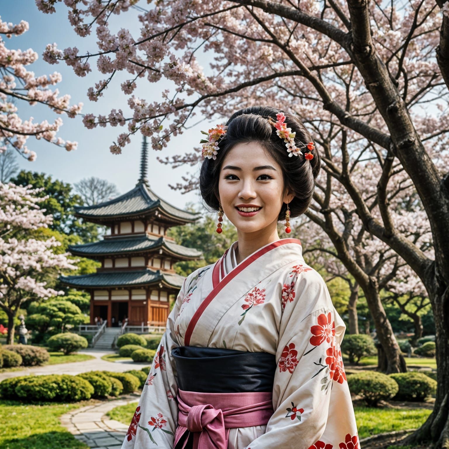 A smiling young japanese geisha posing in A Botanical Garden containing ...