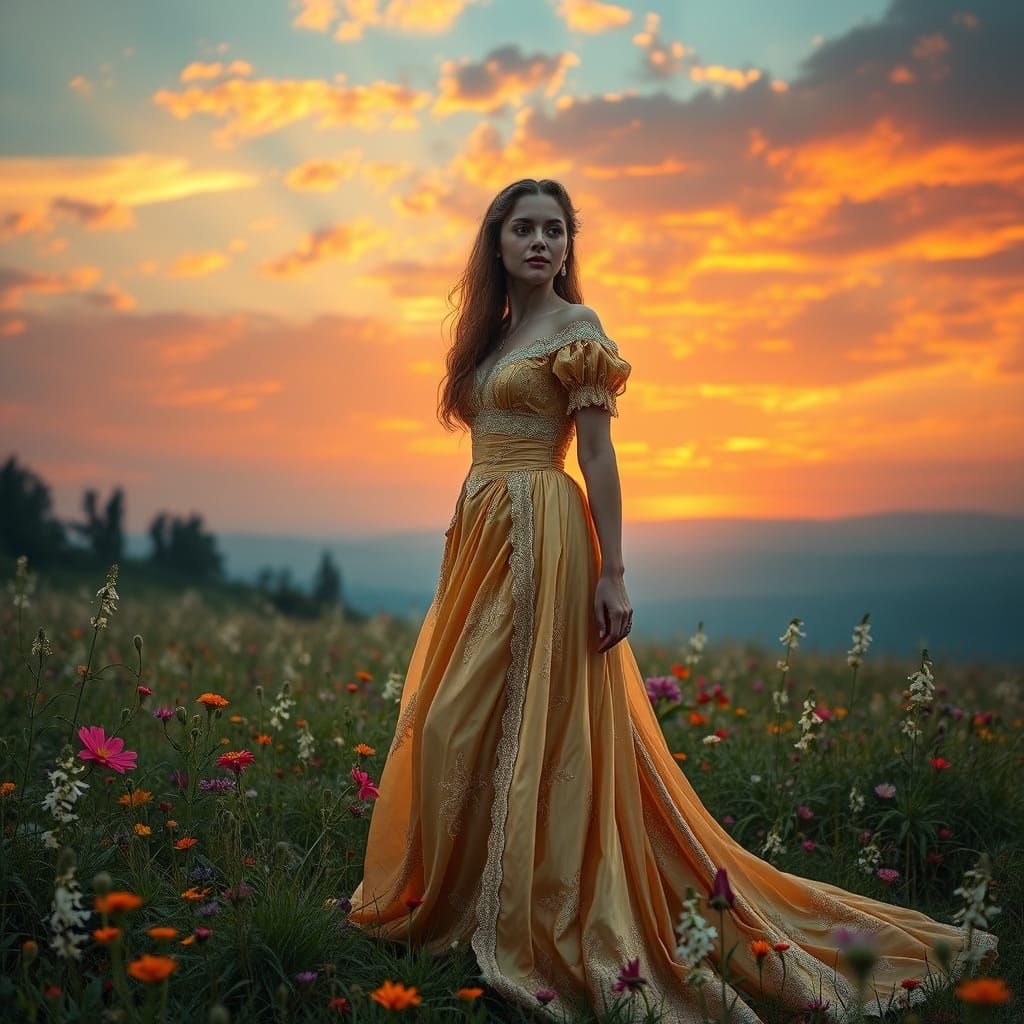 Ethereal Pre-Raphaelite Maiden in Sunset Glory - AI Art