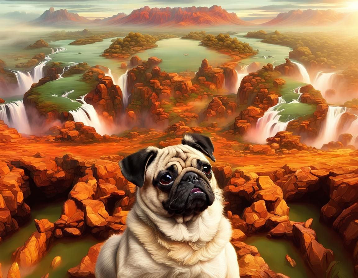 pug on a rock, beautiful sunset, waterfall in the distance, Epic ...