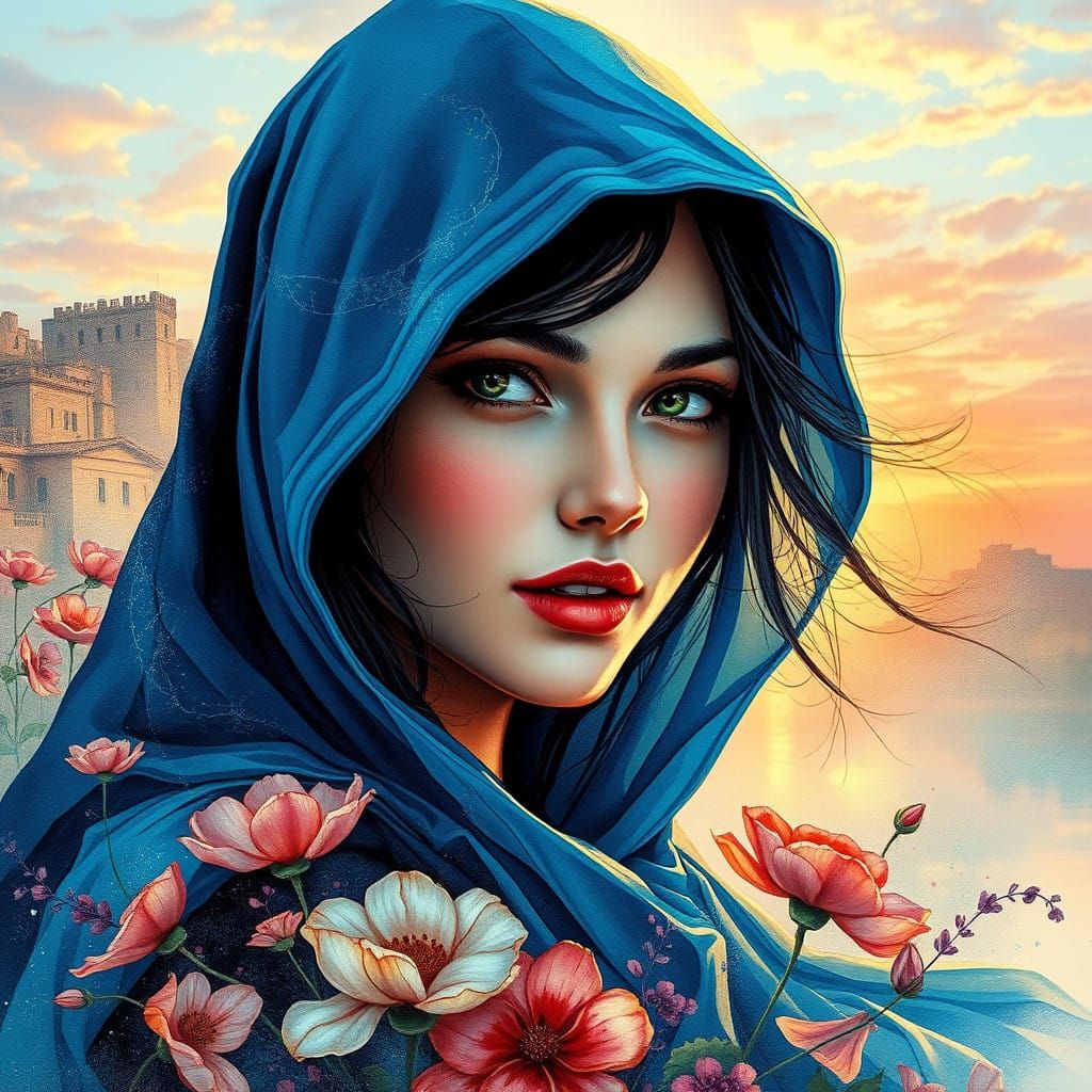 Blue Lady - Ethereal Blue Femme Fatale in Whimsical Sunset L...