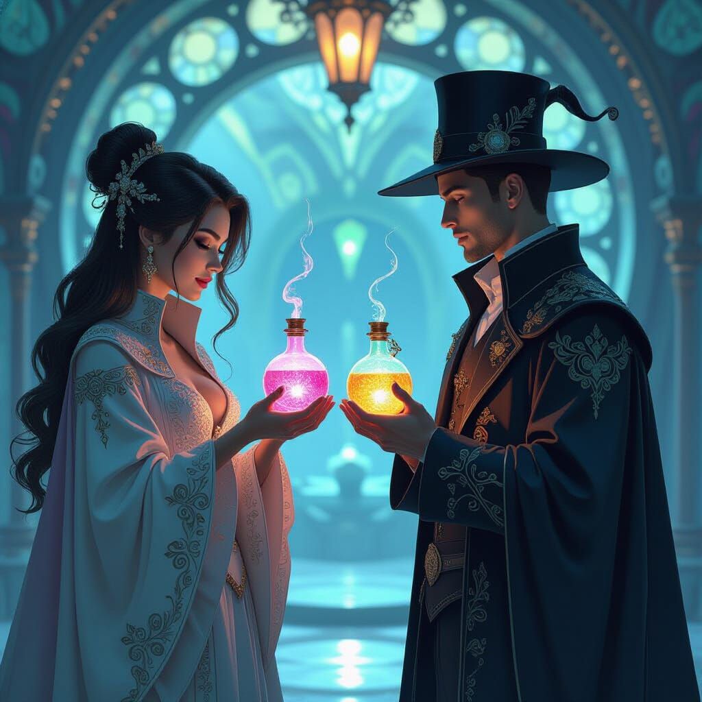 Futuristic Alchemists with Iridescent Potions in A... - AI Art