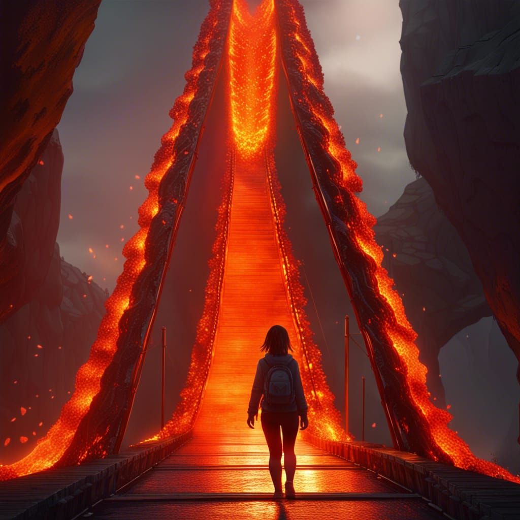 A bridge made out of lava with a girl walking on it - AI Generated ...