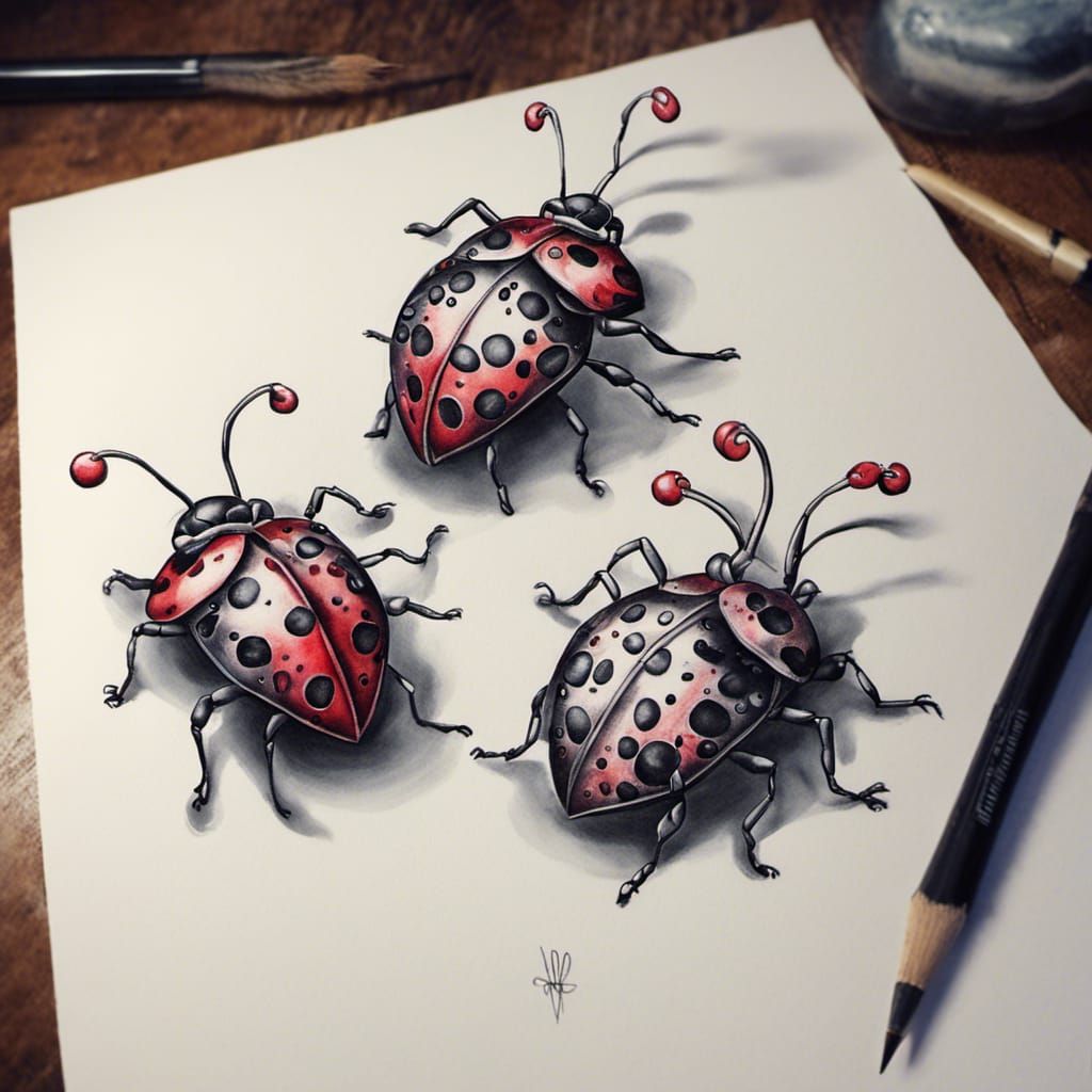 two 3d crazy ladybugs running tattoo drawing - AI Generated Artwork ...