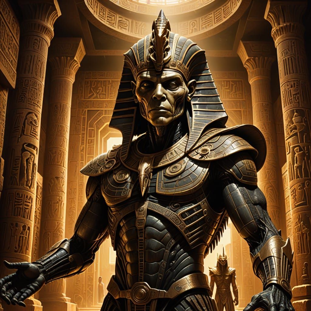 Reptilian Alien Meets Ancient Pharaoh in Golden Te... - AI Art