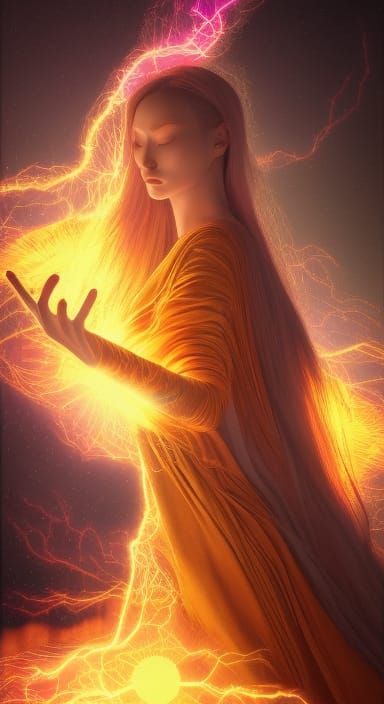 sunset-Wizard hybrid woman in magical network in warped perspective ...