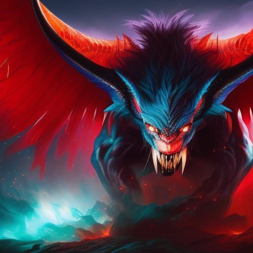 night demon with a long red horn on its forehead stalking its prey as ...