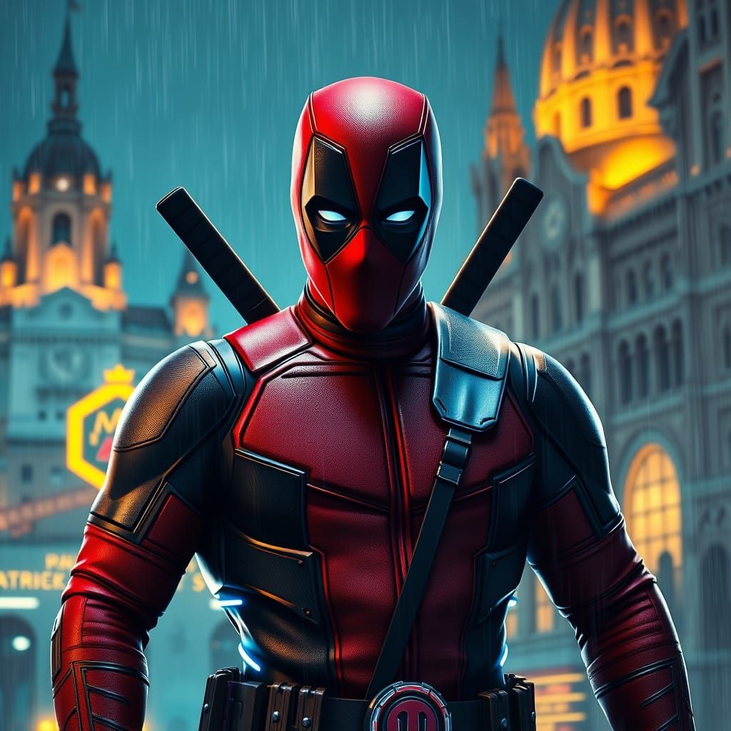 Deadpool Defies the Rain in Budapest's Neon-Lit St... - AI Art