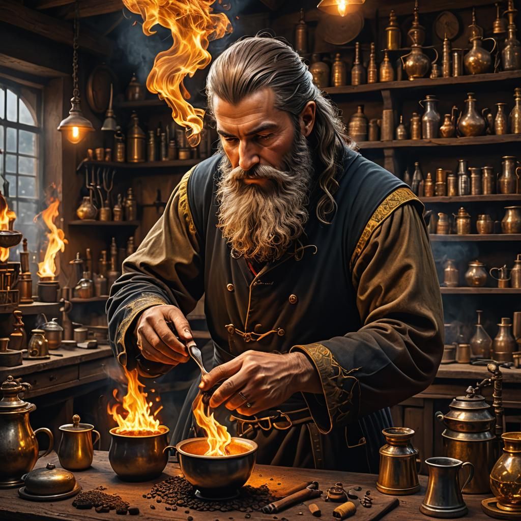extremely detailed depiction of an alchemist creating fire from a ...