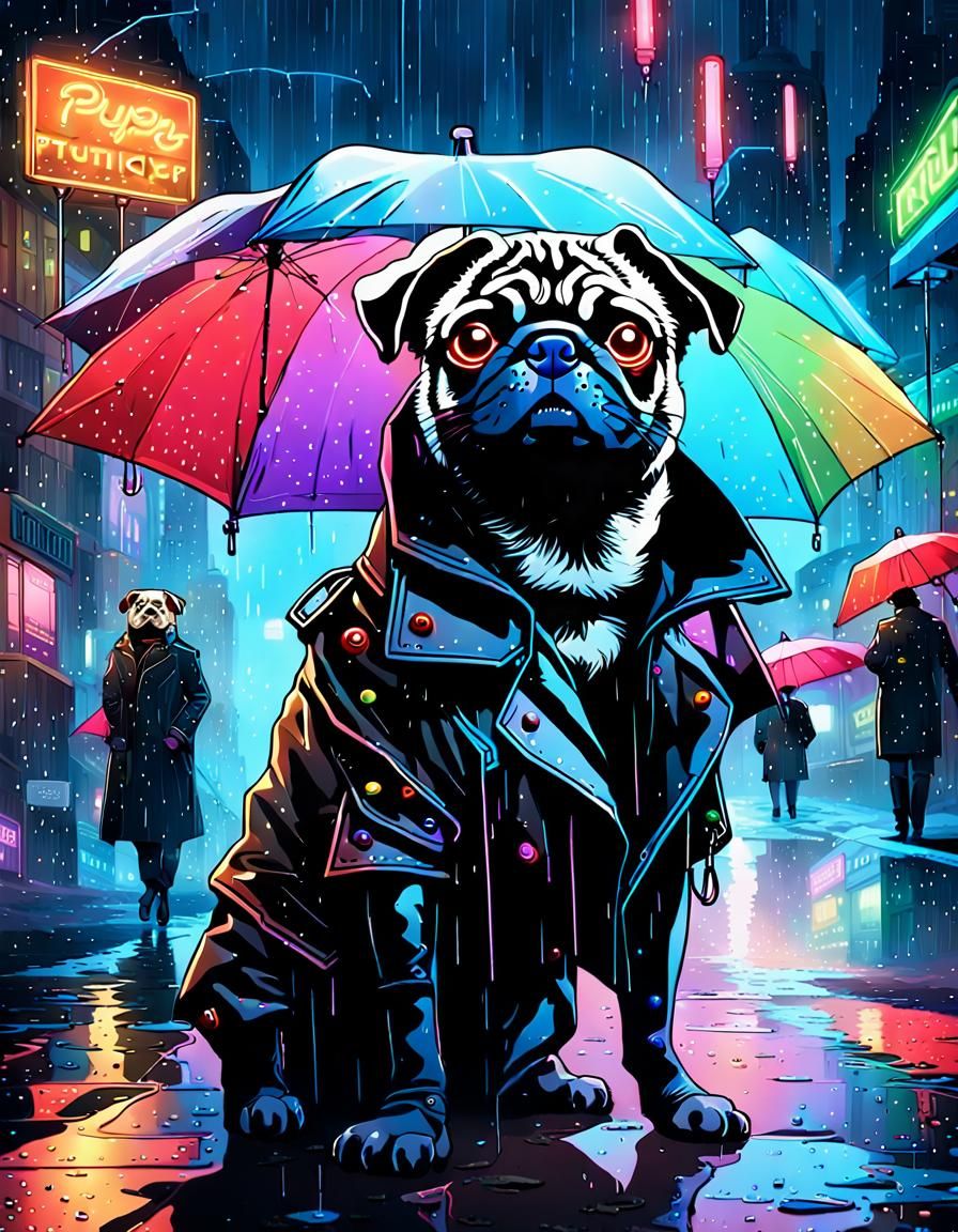 A cyberpunk pug holding umbrellas - Cyberpunk Pug Casts a Ga...
