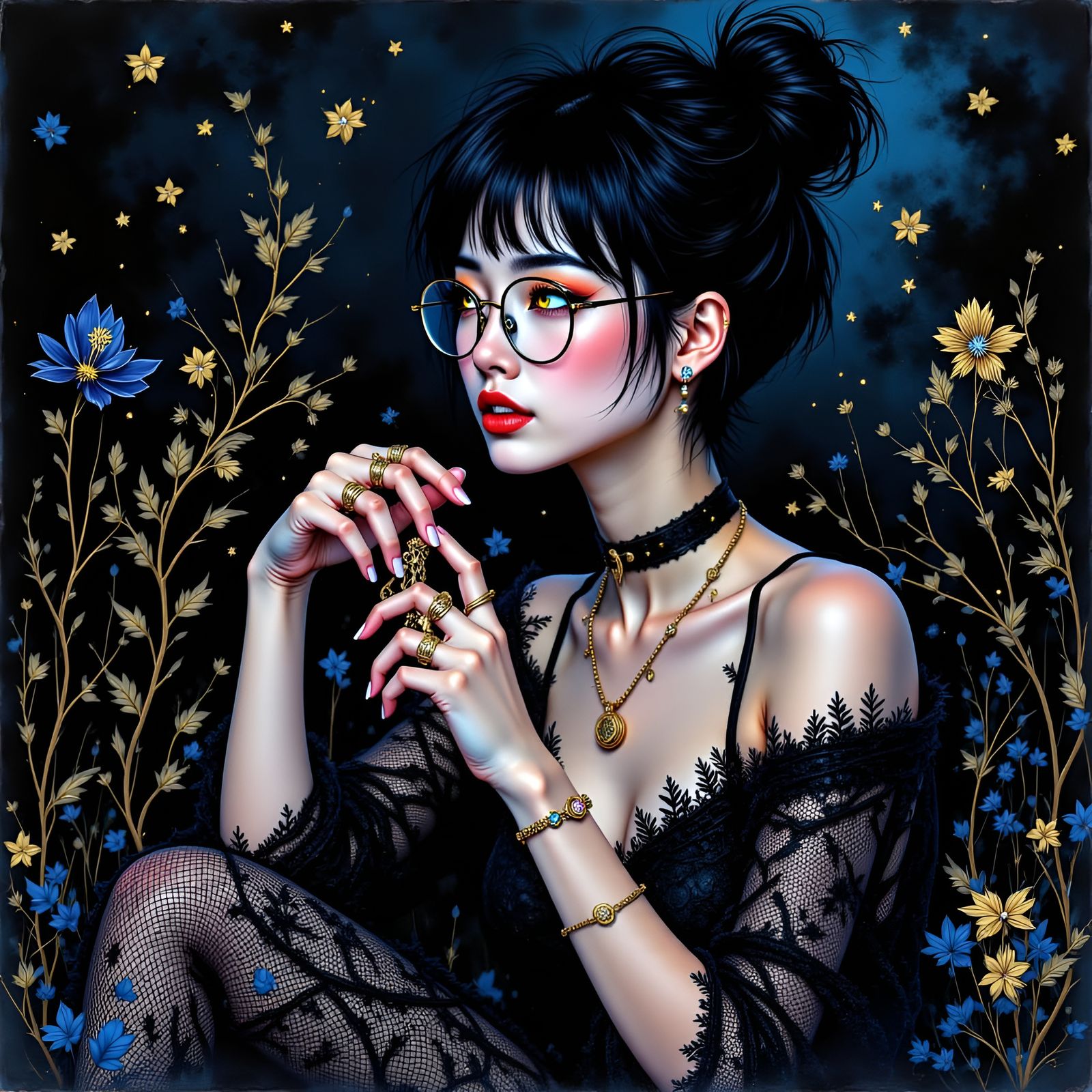 Twilight’s Gilded Bloom - Asian Woman Portrait in Art Nouve...