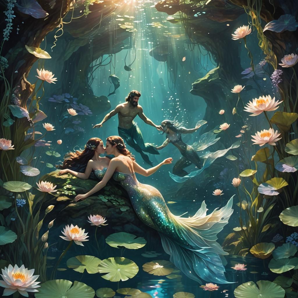 Dreamlike Underwater Scene with Merman and Woman i... - AI Art