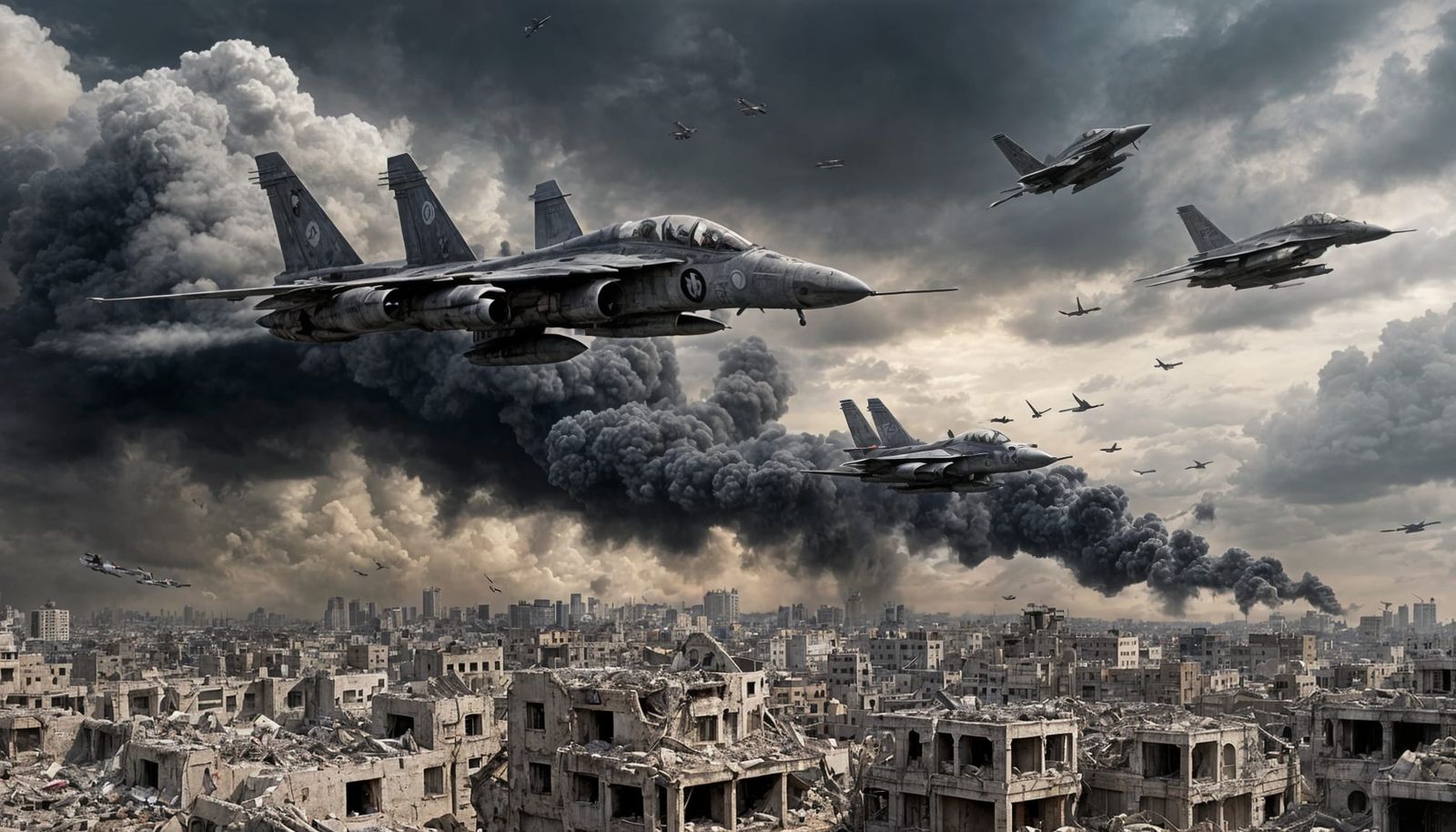 A DRAMATIC skyline of the city of GAZA in ruins with TWO fighter jets ...