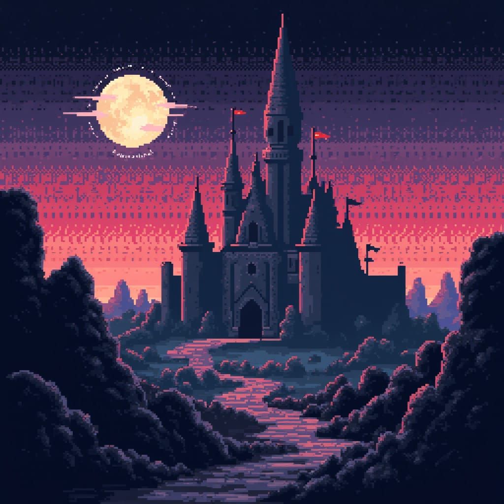 8-Bit Castle Scene in Low-Res Pixel Art - AI Art