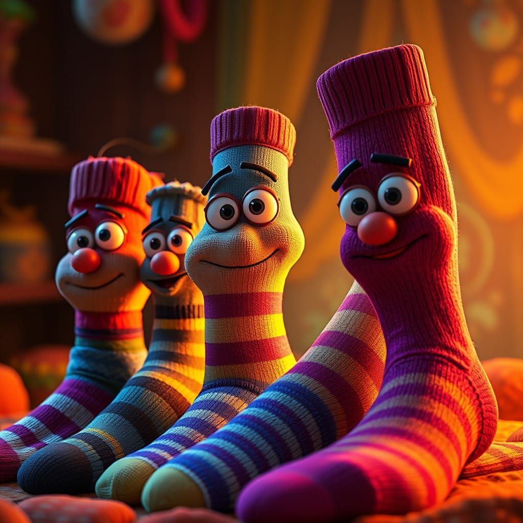 Vibrant Family of Animated Sock Characters in Whim... - AI Art