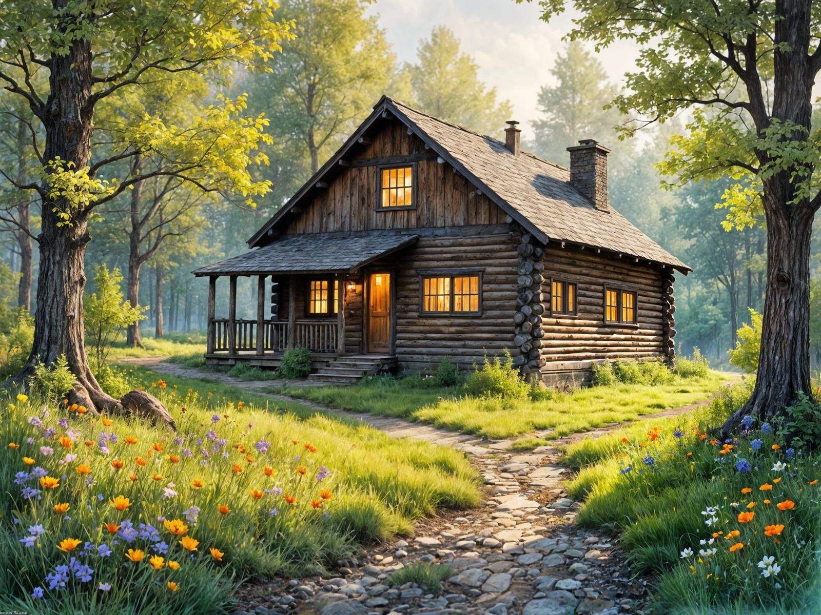 in early spring near a creek a rustic log cabin in the woods shows ...