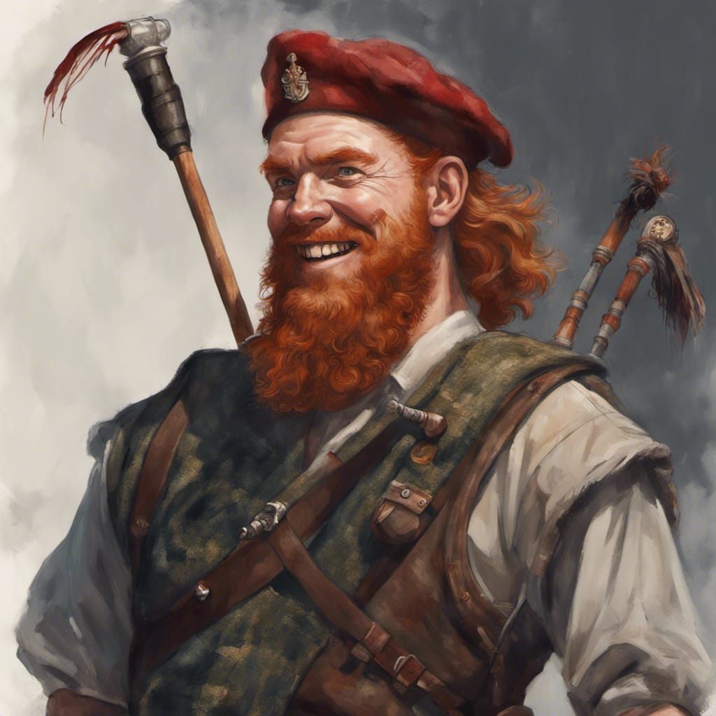 full-body, ultra realistic drawing of a grinning redheaded highlander ...