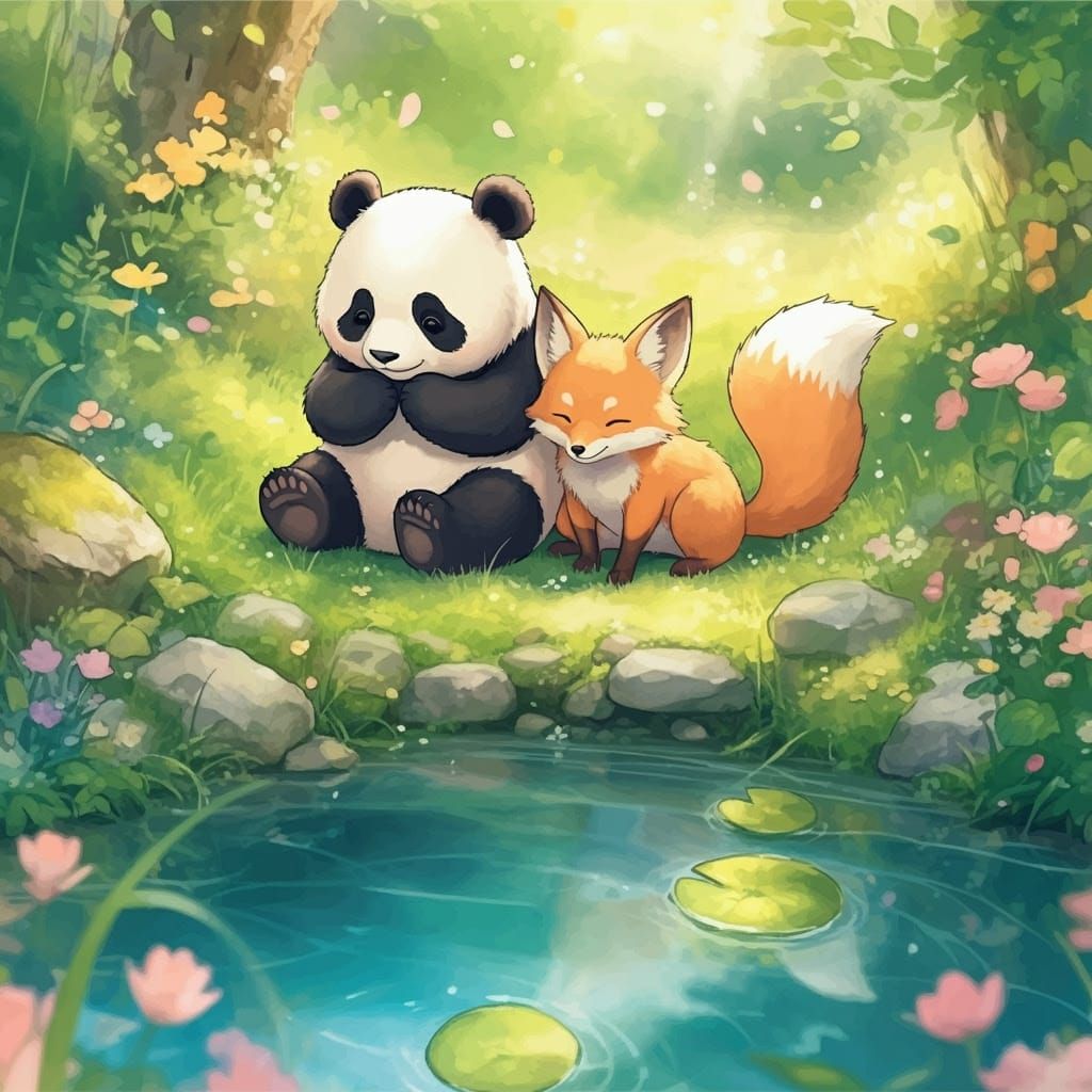 Panda and Fox - Whimsical Friends in a Serene Forest Glade