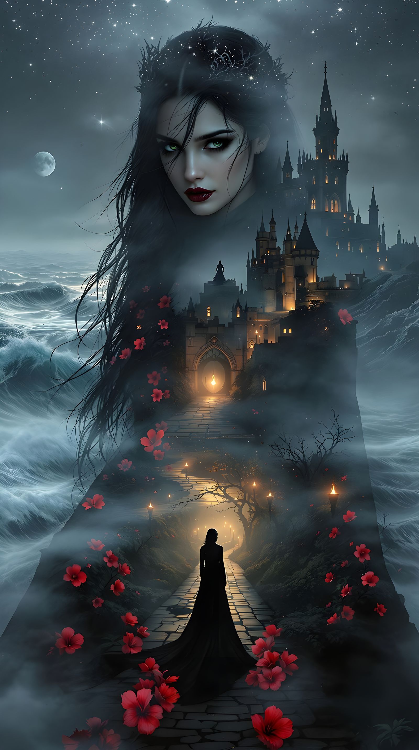 A surreal triple exposure digital painting featuring a gothic-style ...