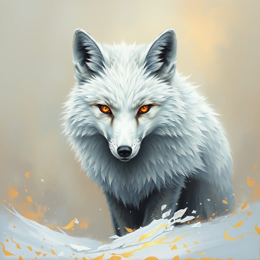 An expressive white fox with golden eyes. It's fur are made of pieces ...
