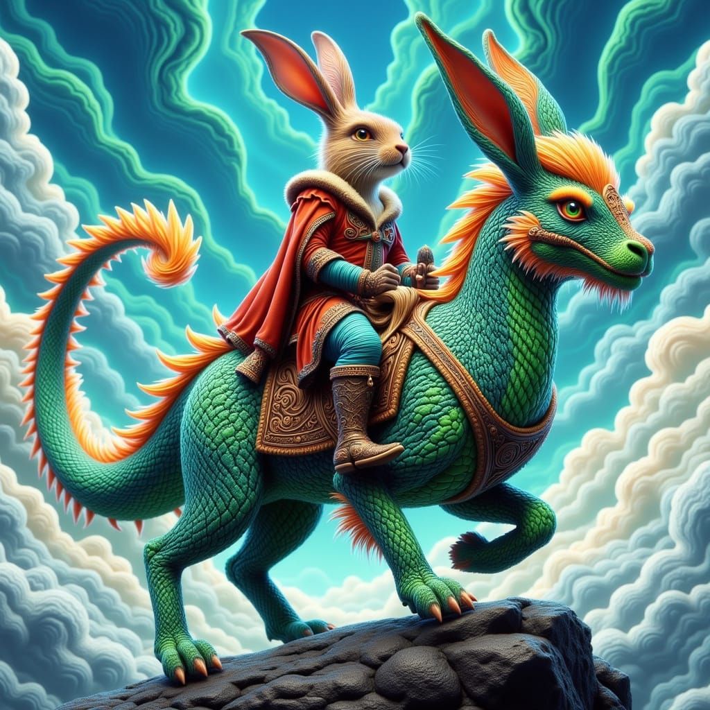 Bunny riding a grand dragon - Majestic Bunny Rides Grand Dr...