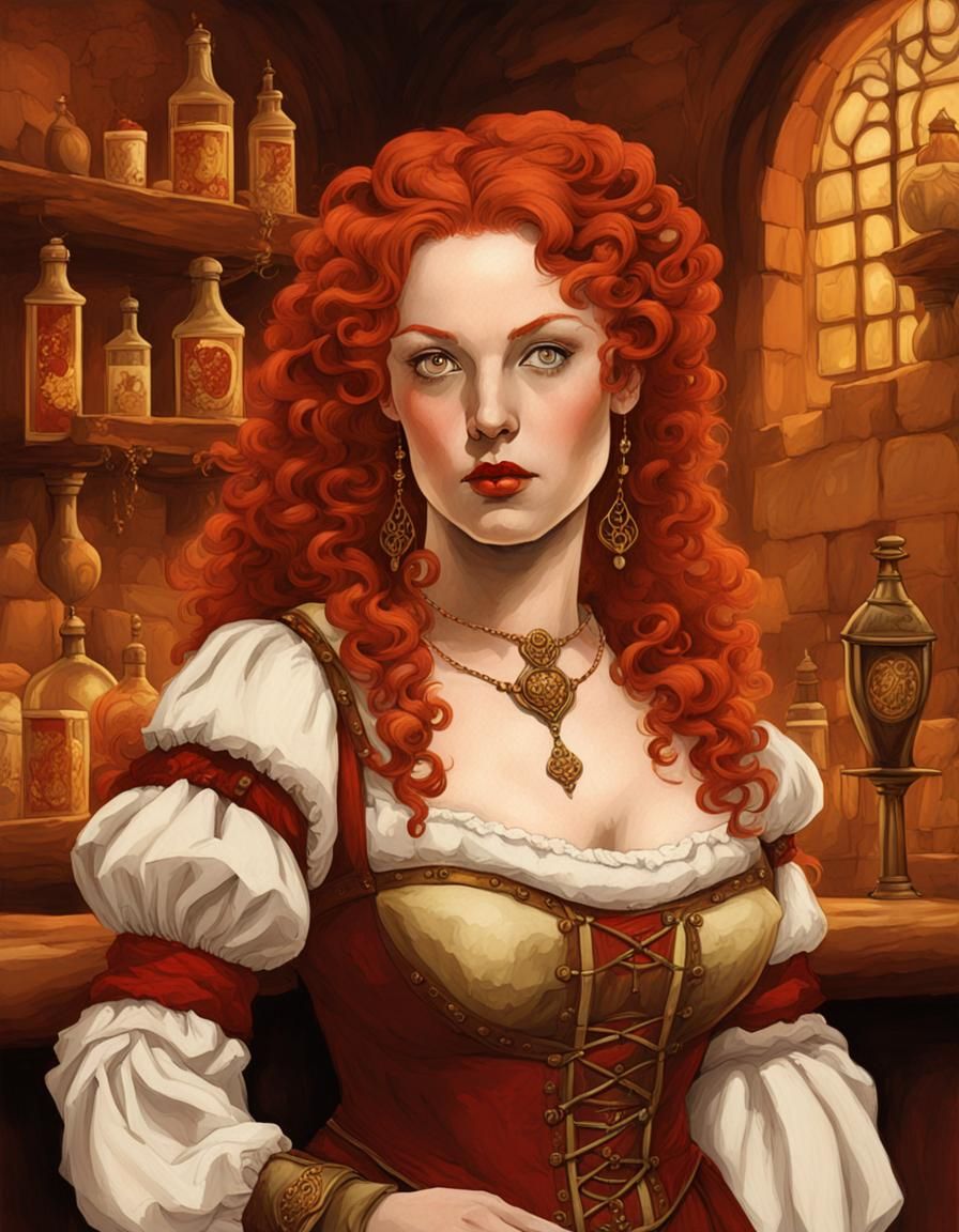 A Medieval fantasy bar wench. Voluptuous with curly red hair. In the ...