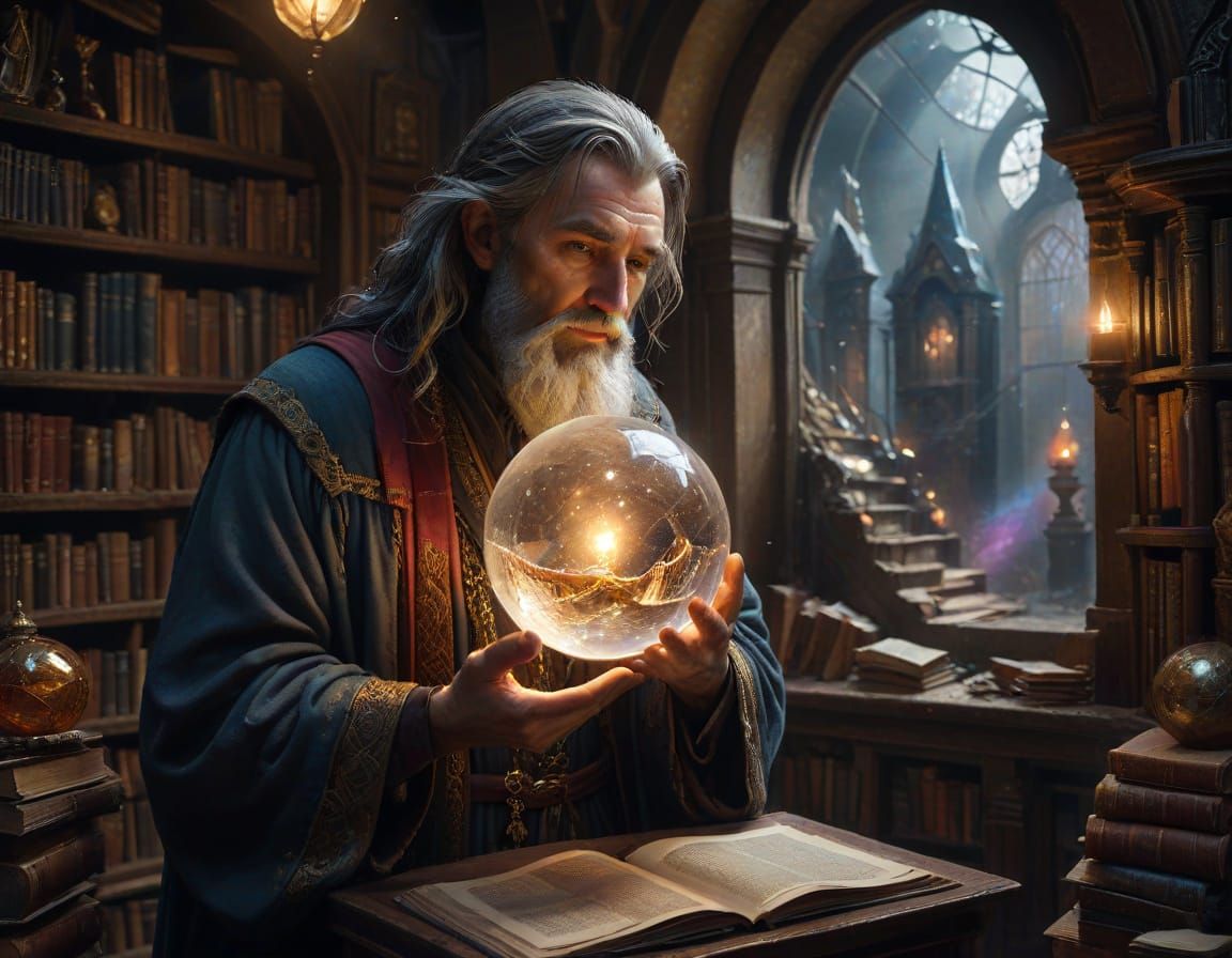 Ethereal Wizard Portrait in Dimly Lit Library - AI Art