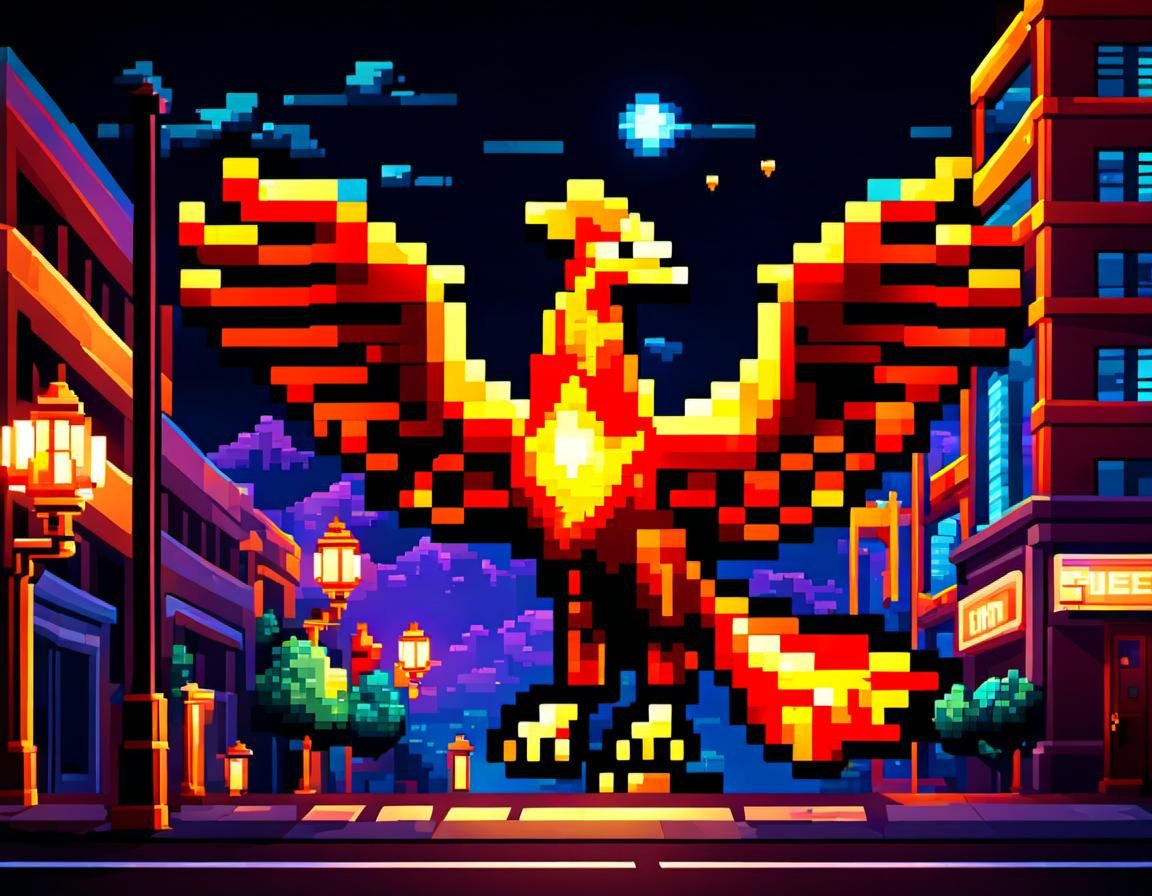 Lovely phoenix, pixel art, illuminated by vivid streetlights. The style ...