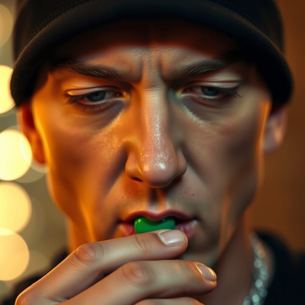 Eminem eats an M&M - Rugged Eminem in Contemplation with M&M