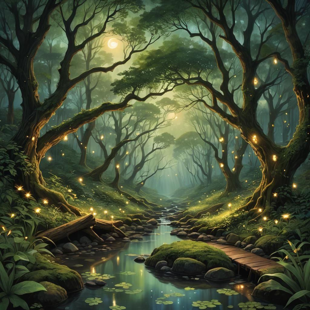 "Envision a hidden grove nestled deep within an ancient forest, where ...