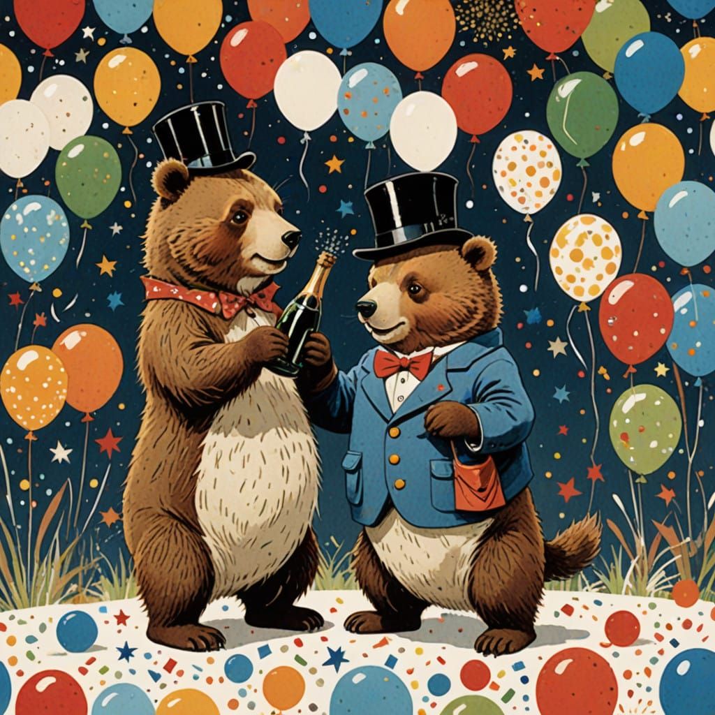 two bears celebrating the new year - Two Bears in Joyful New...