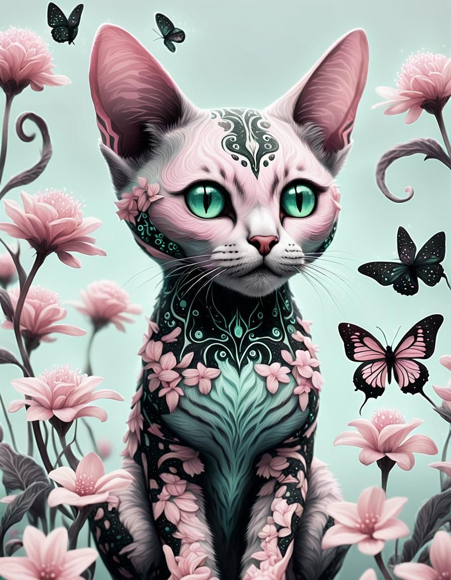 Ethereal Cat Creature Amidst Whimsical Alien Bloom... - AI Art