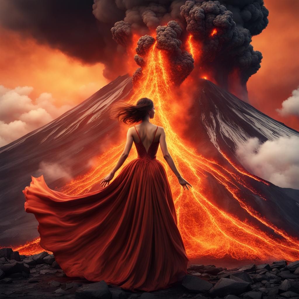 a beautiful woman standing in front of a erupting volcano, arm ...