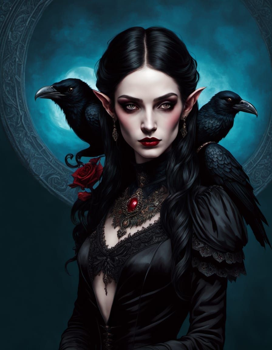 Ethereal Victorian Elf Maiden with Raven Familiar - AI Art
