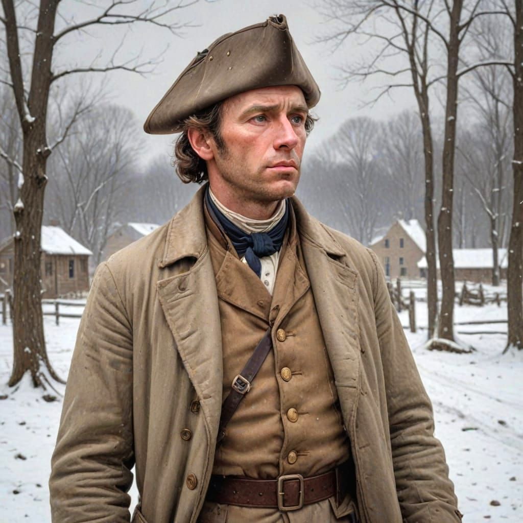 Revolutionary Soldier at Valley Forge in Winter Oi... - AI Art