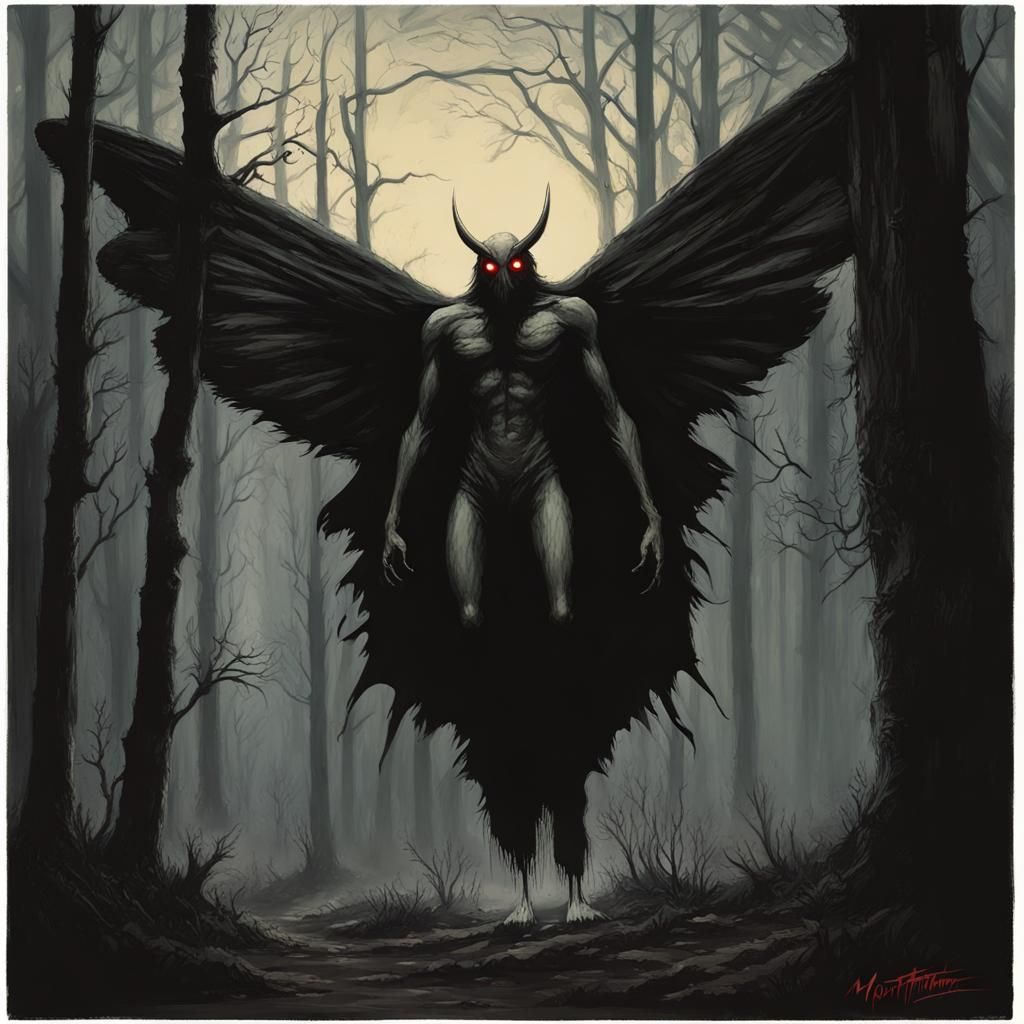 Mothman in Dark Woods, Illustration Art - AI Art
