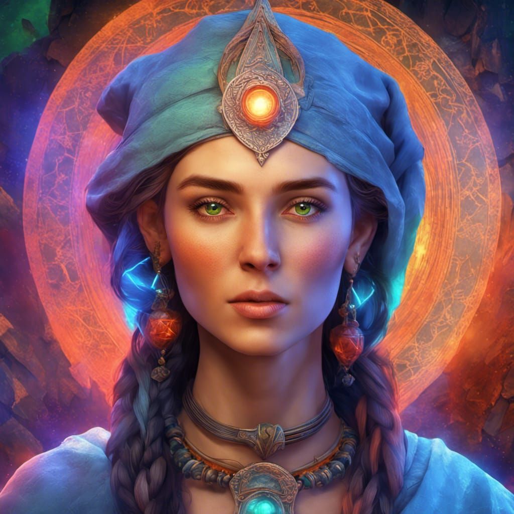 portrait of elara, human mystic and artist, in the village, around ad ...