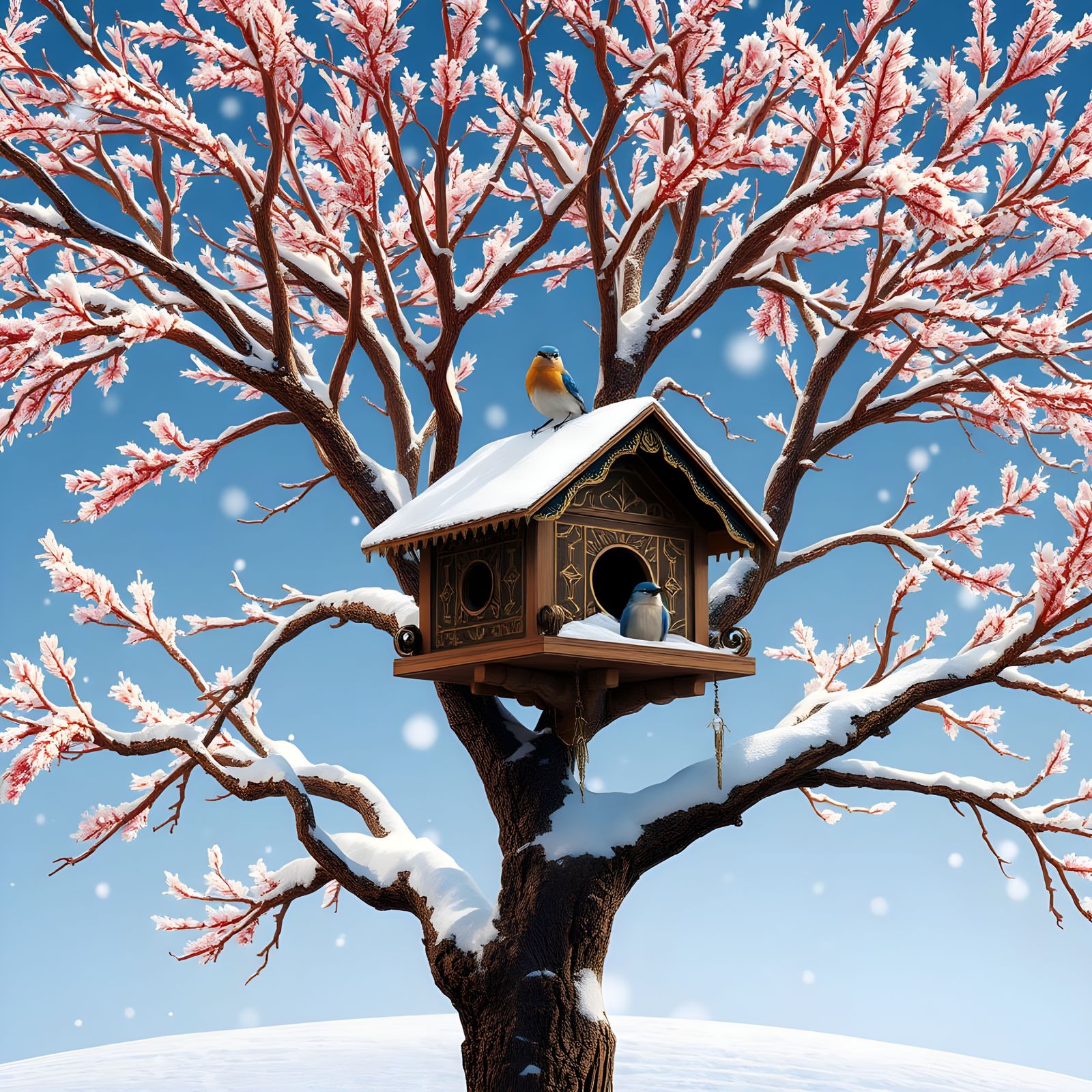 Beautiful cherry tree bare branches in a the serene winter landscape, its bare branches etched ...