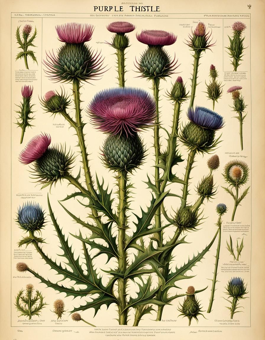Purple thistle flowering diagram in a botanical manuscript - AI ...