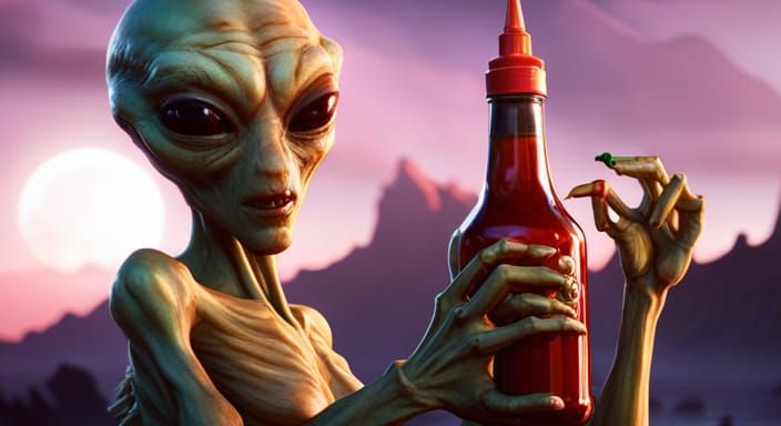 A ALIEN HOLDING A HOT SAUCE BOTTLE - AI Generated Artwork - NightCafe ...