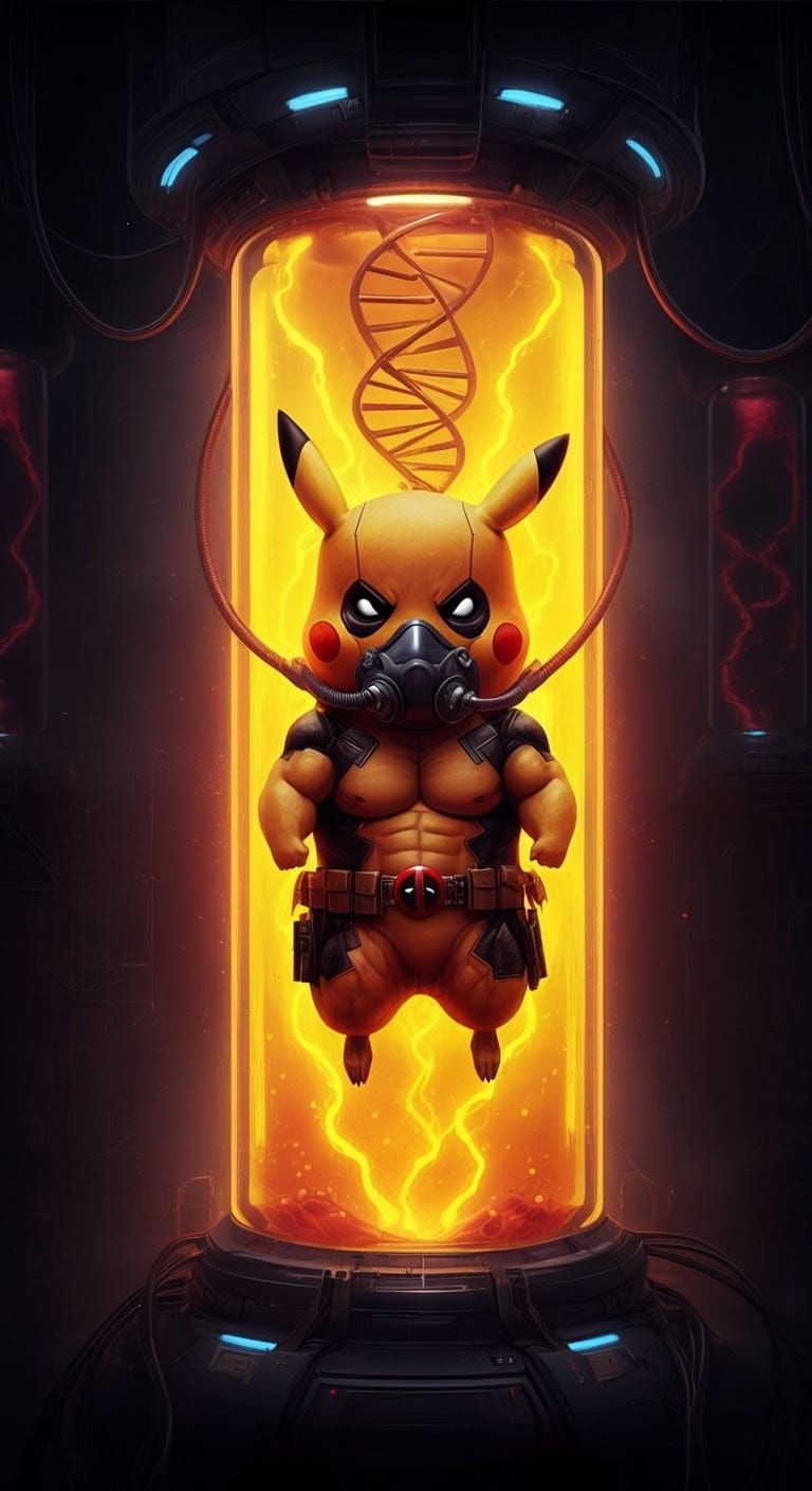 Cyberpunk Pikachu-Deadpool Hybrid in DNA Tube Tank - AI Art