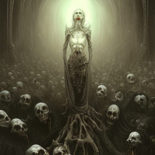 evil necromancer surrounded by undead skeletons, horror, hyper ...