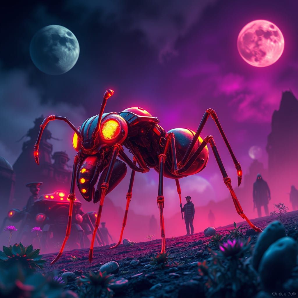 Glowing Bionic Monster in Alien Landscape - AI Art