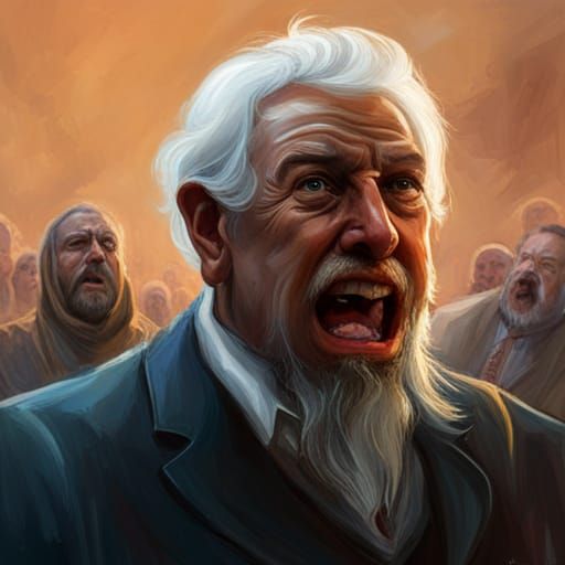 A demagogue with white hair and beard shouting at a crowd oil painting ...