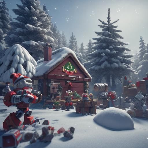 "A robotic Santa's workshop with AI-controlled toy-making machines ...