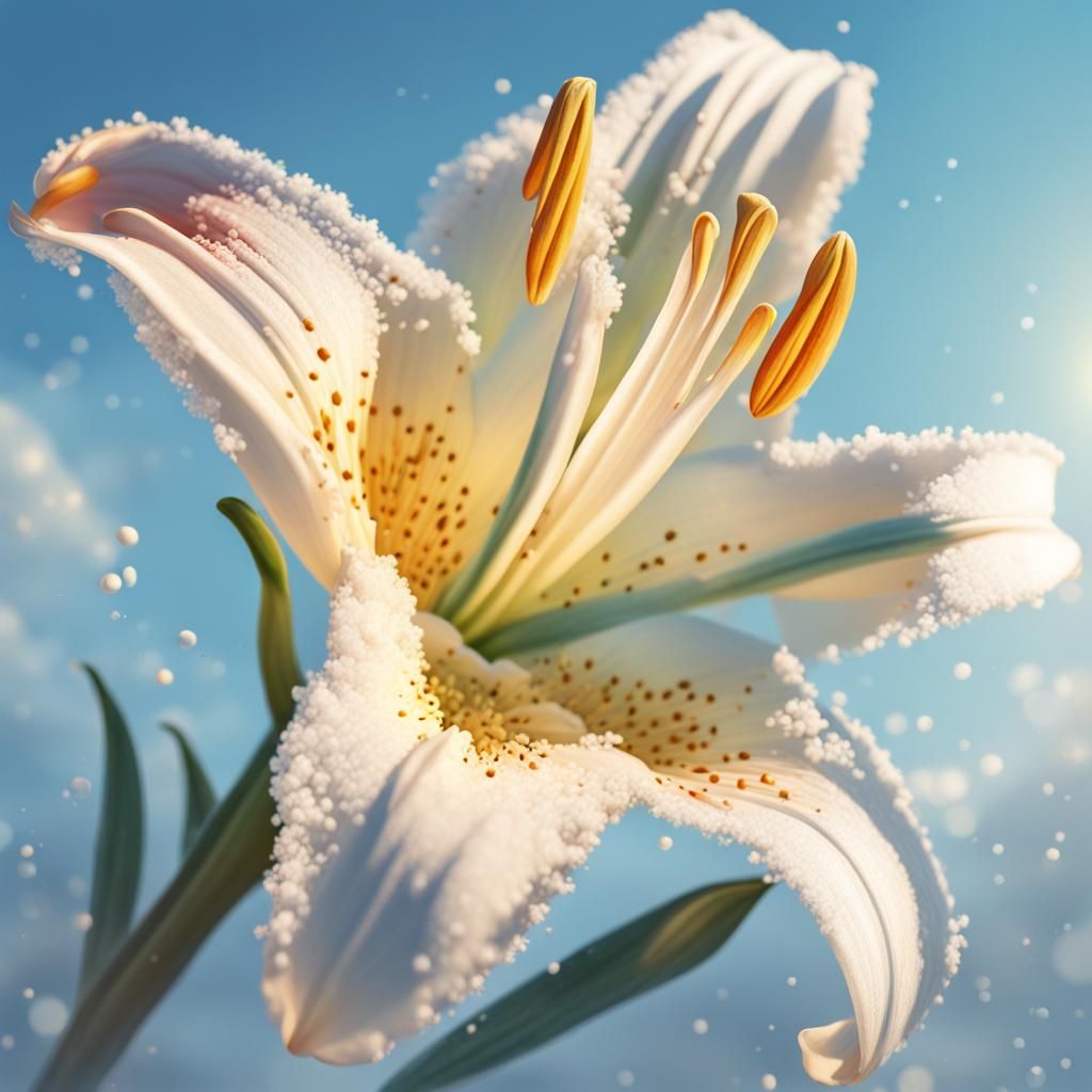 Pastel lily blooming in snow, pastel blue sky, pastel soft yellow sun ...
