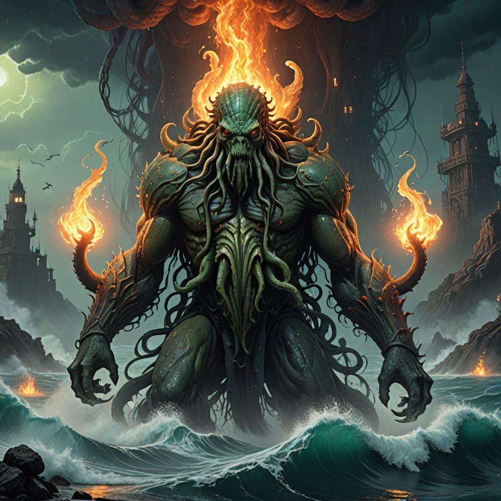 Muscular Men Stand Defiantly Against Cthulhu in a ... - AI Art