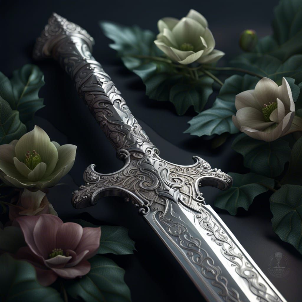 A elegant silver sword with vines and hellebore engravings on the blade ...