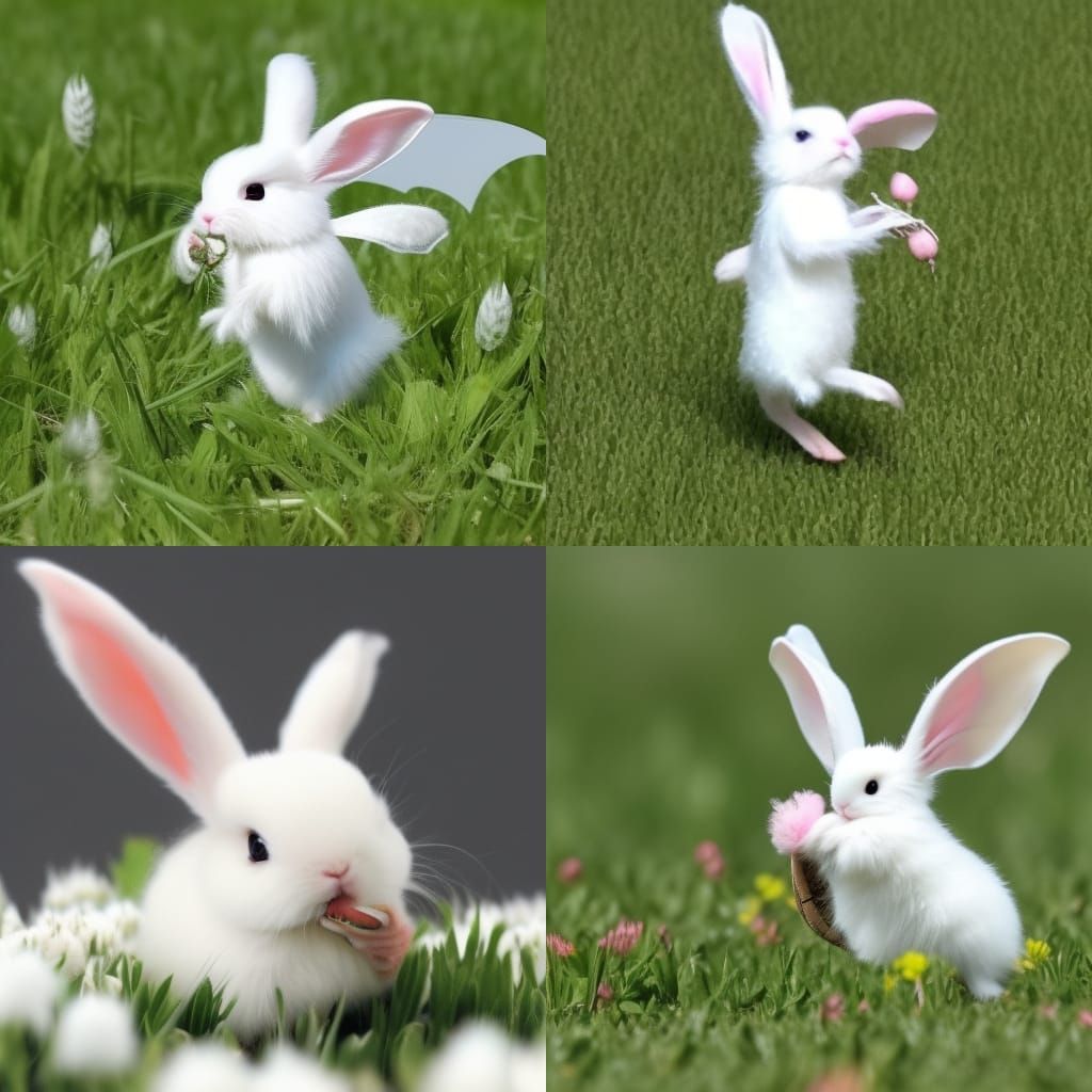 tiny cute flying albino bunny with bat wings chewing on clover - AI ...