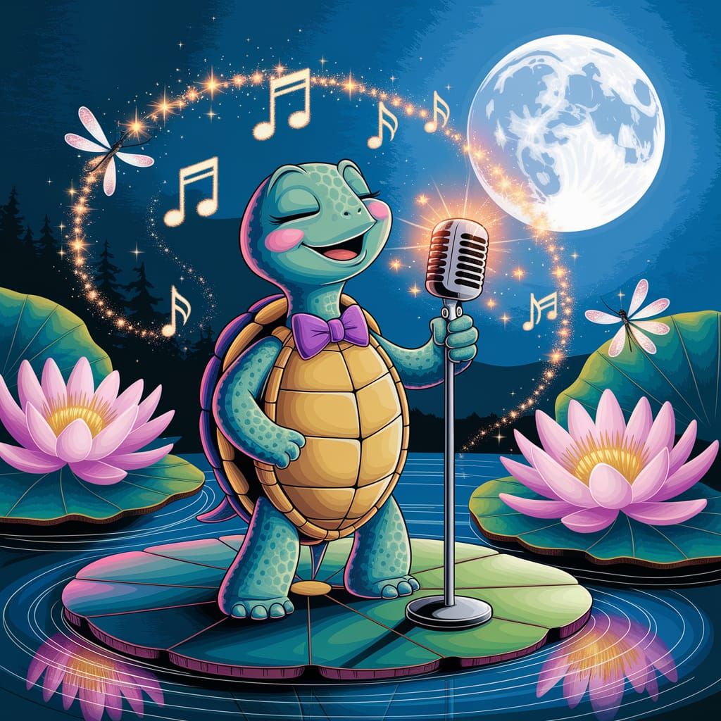 Whimsical fantasy illustration of a singing turtle standing proudly on ...